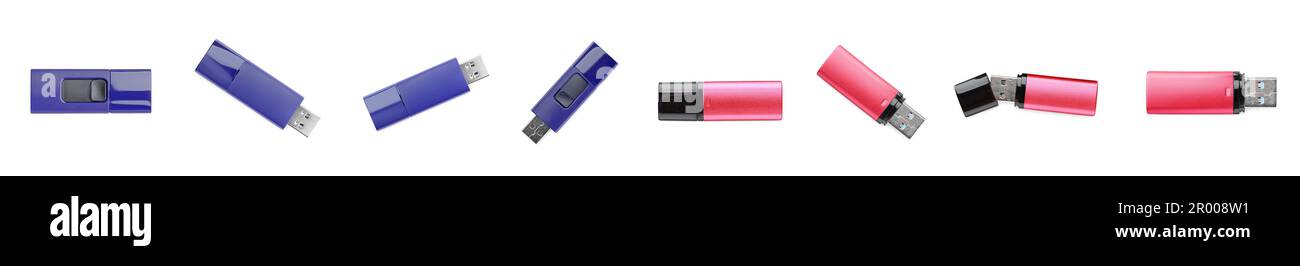 Set with modern usb flash drives on white background, top view. Banner ...