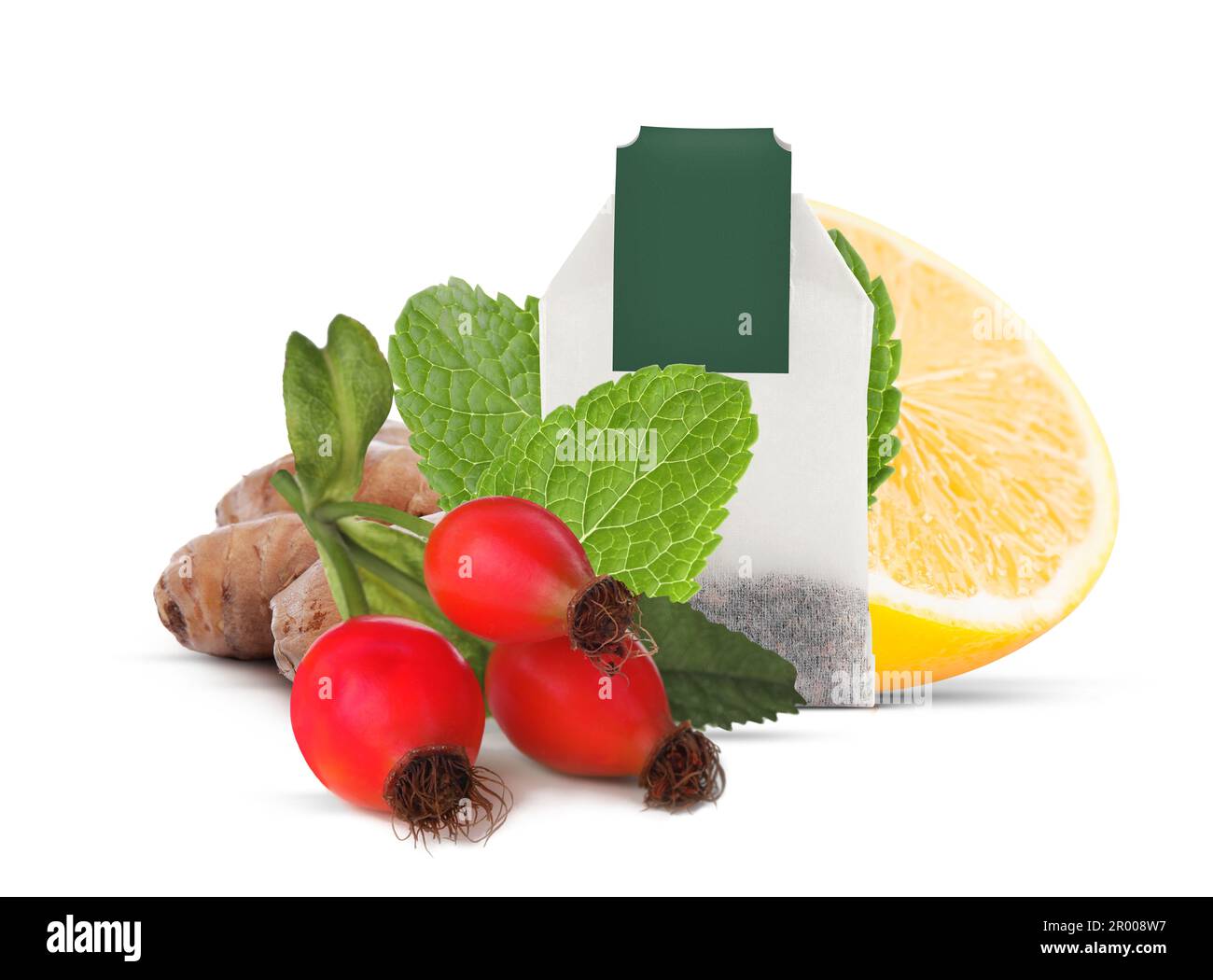 Tea bag with different healthy ingredients on white background Stock ...