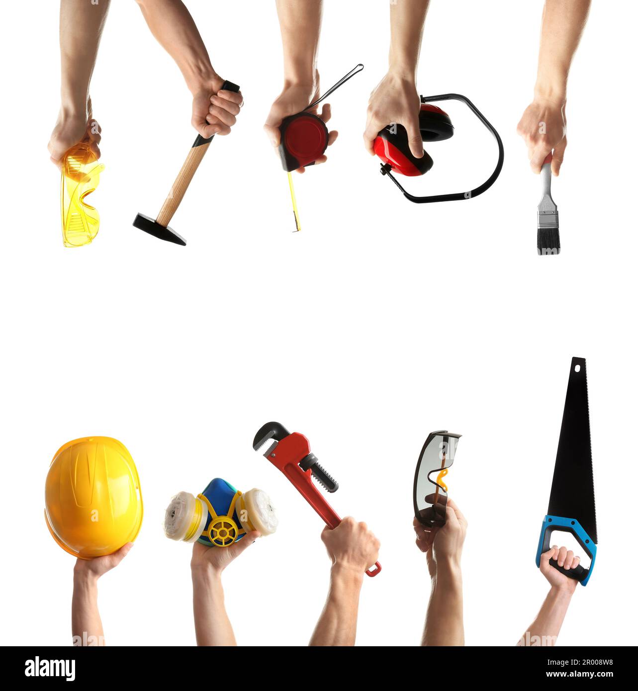 Collage with photos of men holding different construction tools on ...