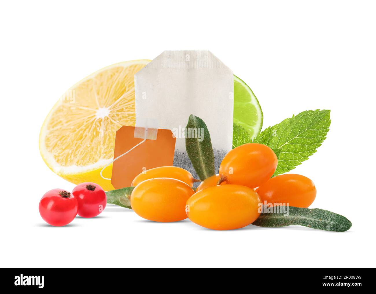 Tea bag with different healthy ingredients on white background Stock ...