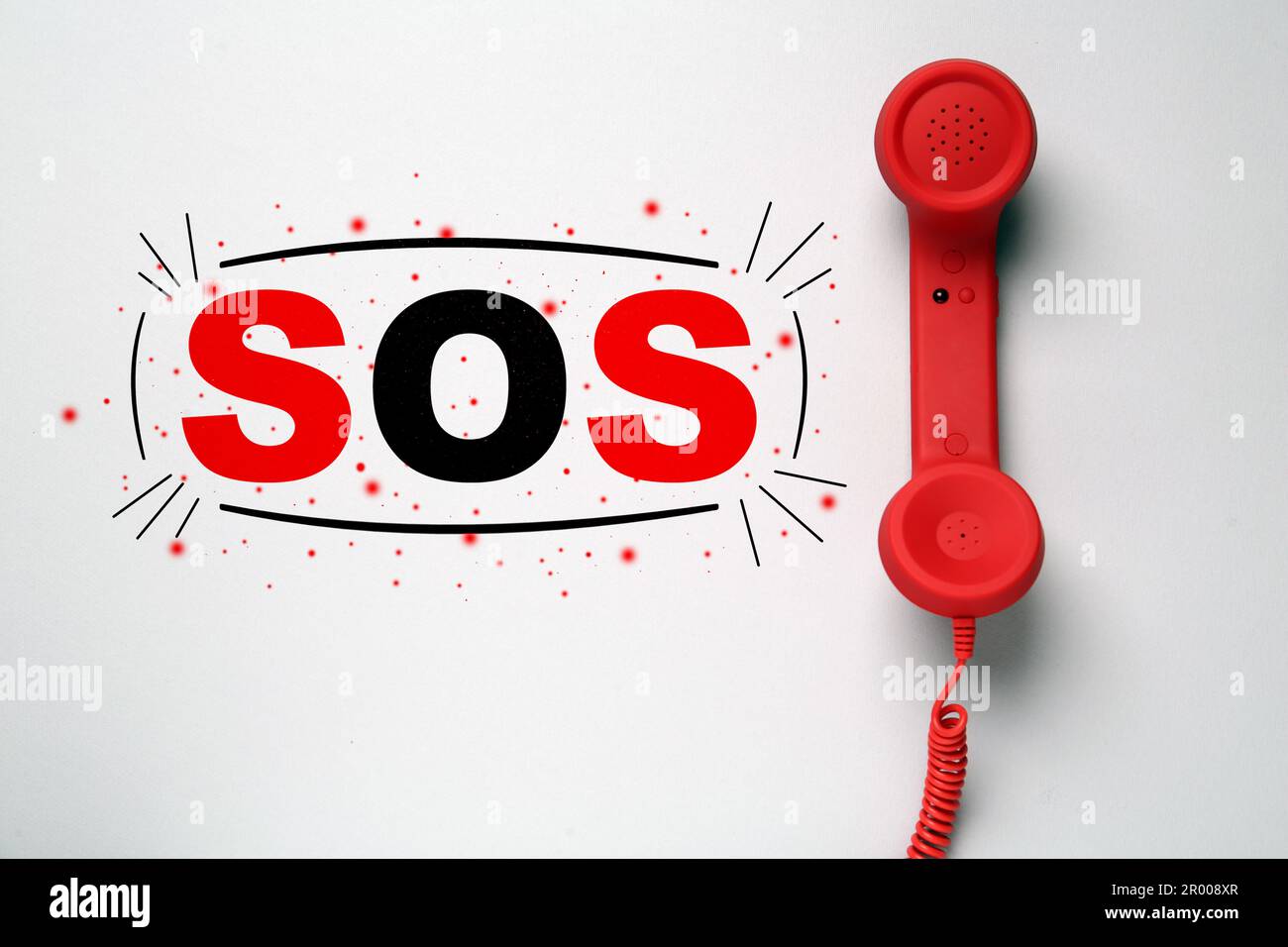 Telephone handset on light grey background, top view. Emergency SOS ...
