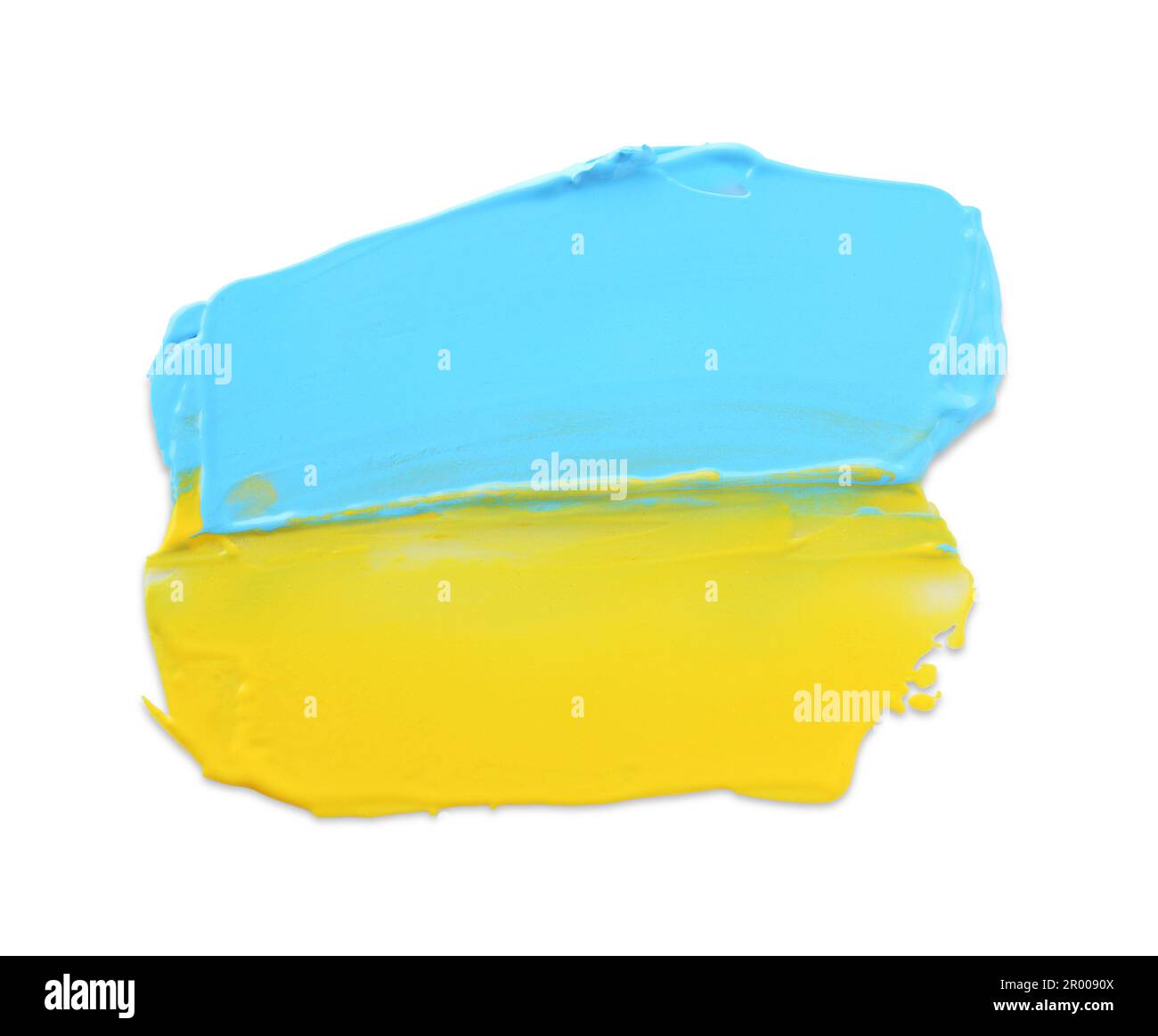 Light blue and yellow paint samples on white background, top view Stock ...
