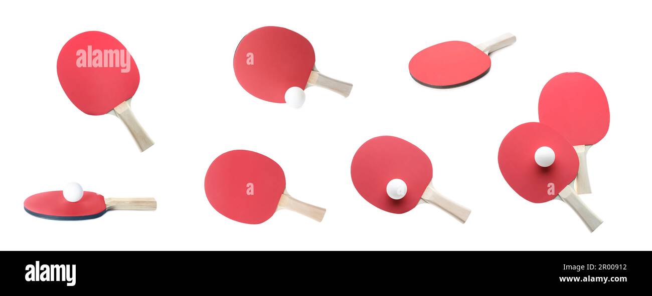 Set with ping pong rackets and balls on white background, banner design ...