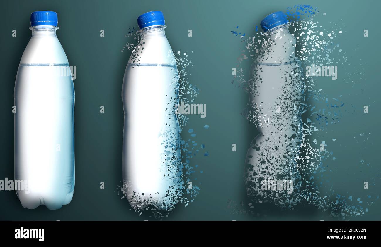 Set with bottles of water vanishing on color background. Decomposition ...