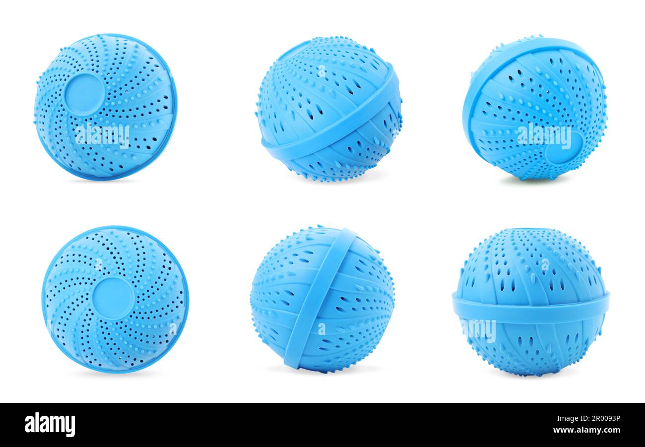Set with dryer balls for washing machine on white background Stock ...