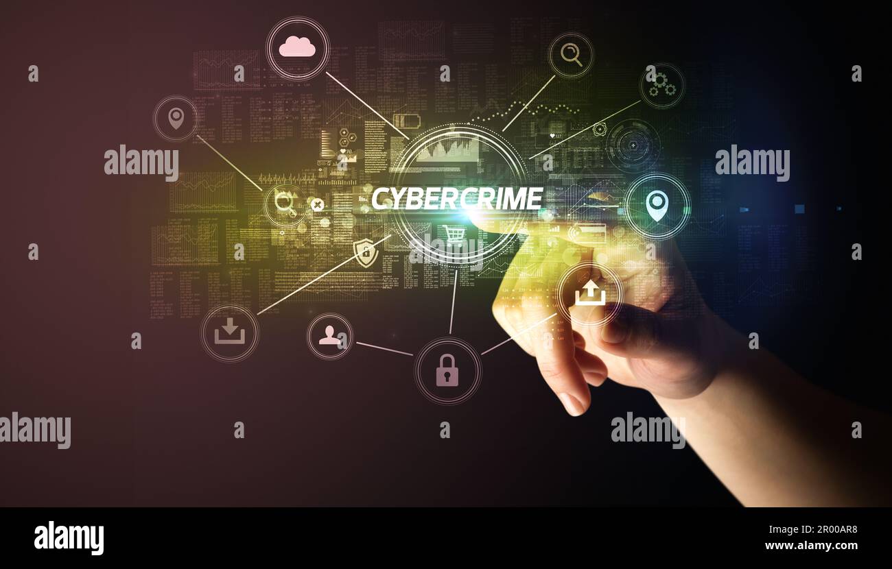 Hand touching cybersecurity button concept Stock Photo - Alamy