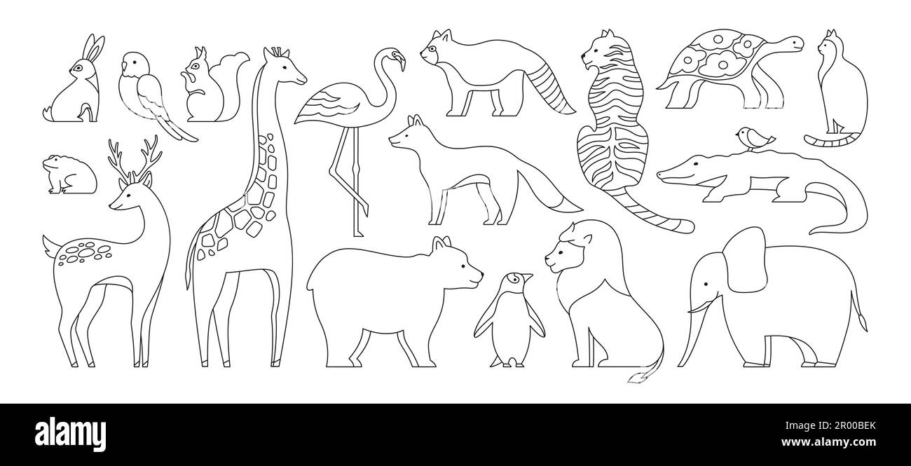 Animal cute doodle linear set. Hare and parrot, squirrel, frog, giraffe ...