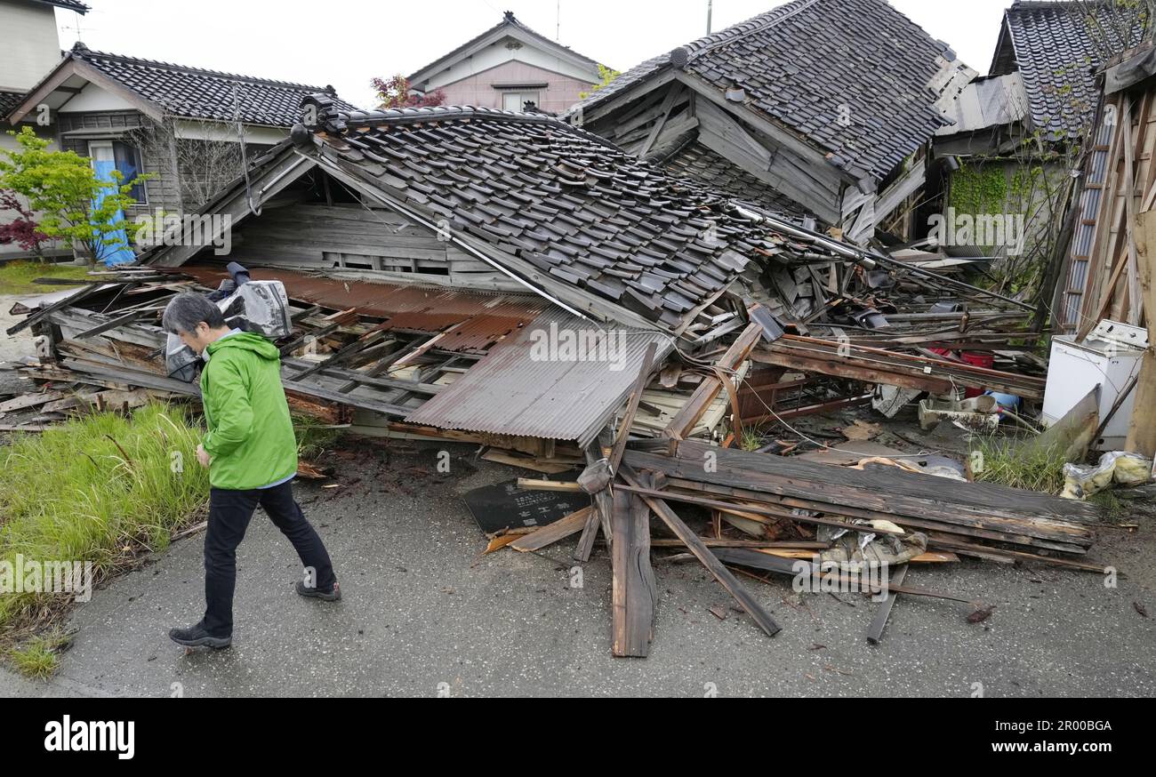 Photo taken on May 6, 2023, shows a collapsed home in Suzu in Ishikawa Prefecture a day after a ...
