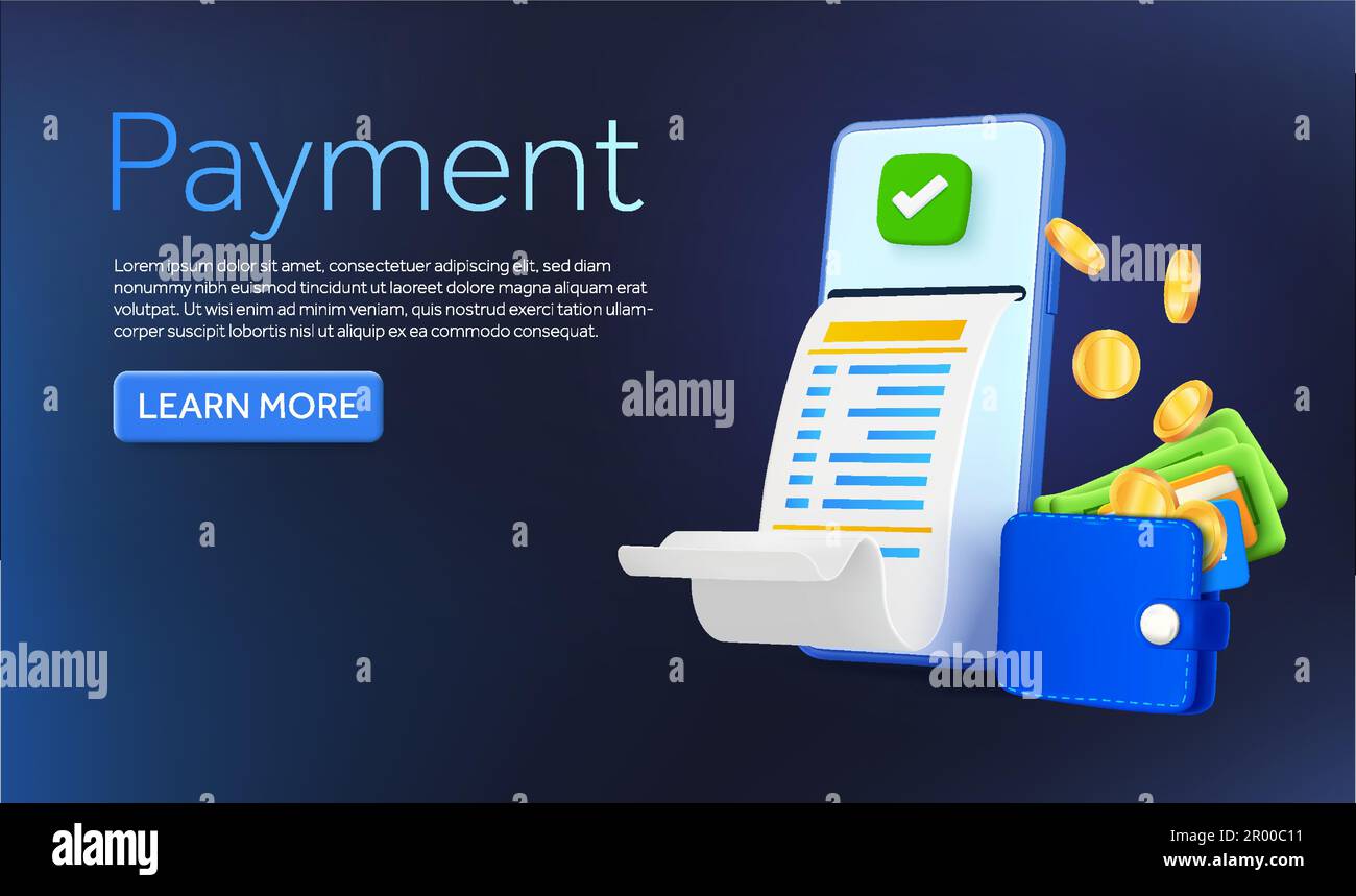 3d smartphone with green check mark, printing receipt, flow of coins ...