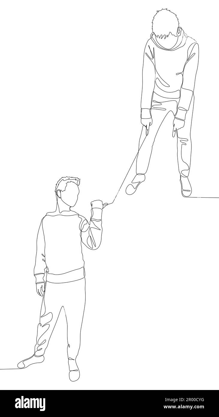 One Continuous Line Of Male Pointing With Finger At Another Man Thin Line Illustration Vector