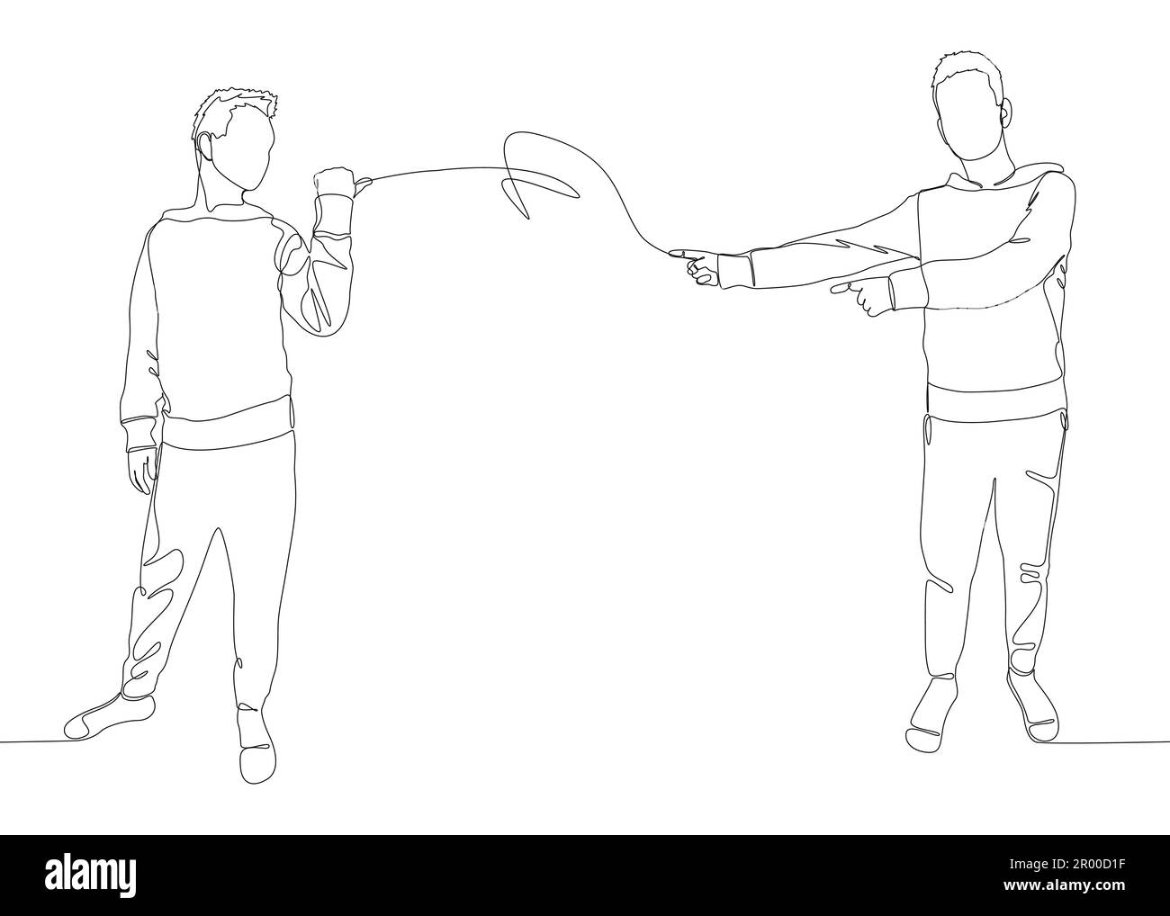 One continuous line of Male pointing with finger at another man. Thin ...