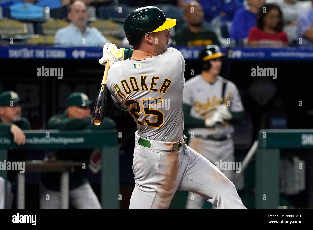 Oakland Athletics' Brent Rooker hits an RBI-double in the fourth inning during a baseball game ...