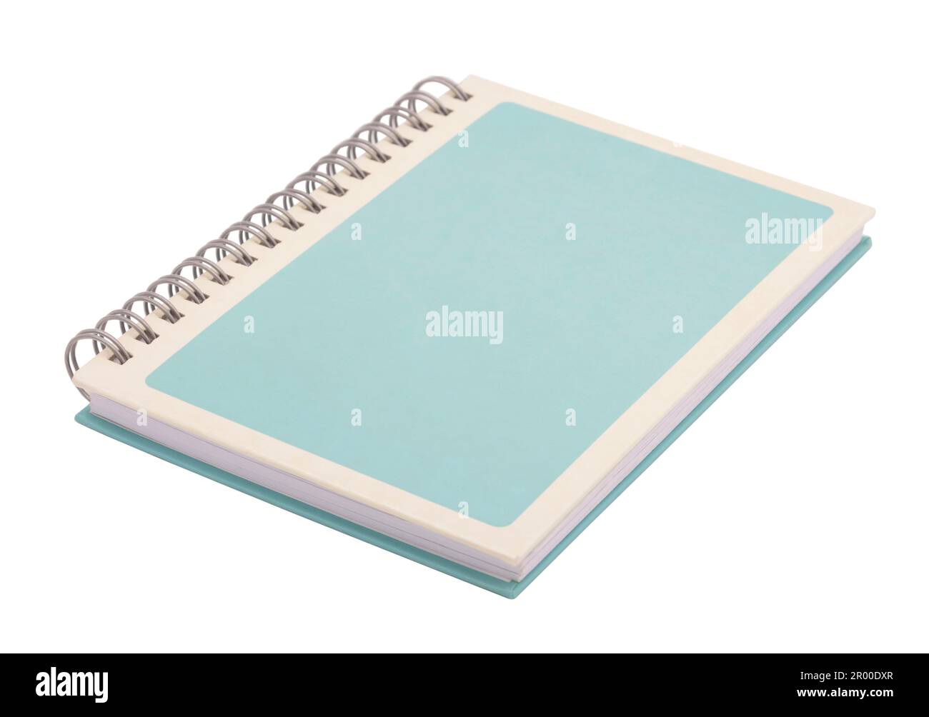 Light blue spiral notebook with white frame on cover page isolated on ...