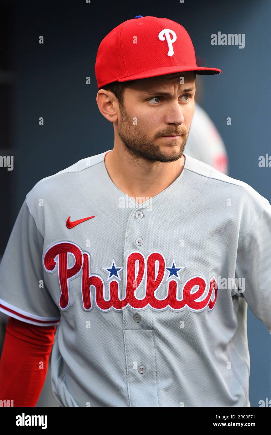 LOS ANGELES, CA - MAY 01: Philadelphia Phillies desingated hitter Trea Turner (7) looks on in ...