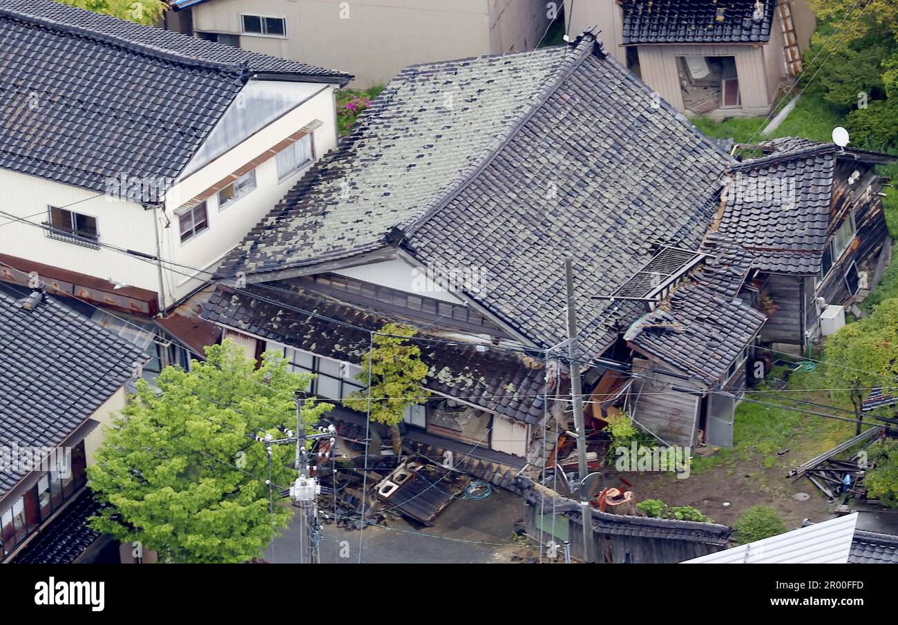 Photo taken on May 6, 2023, from a Kyodo News helicopter shows a ...