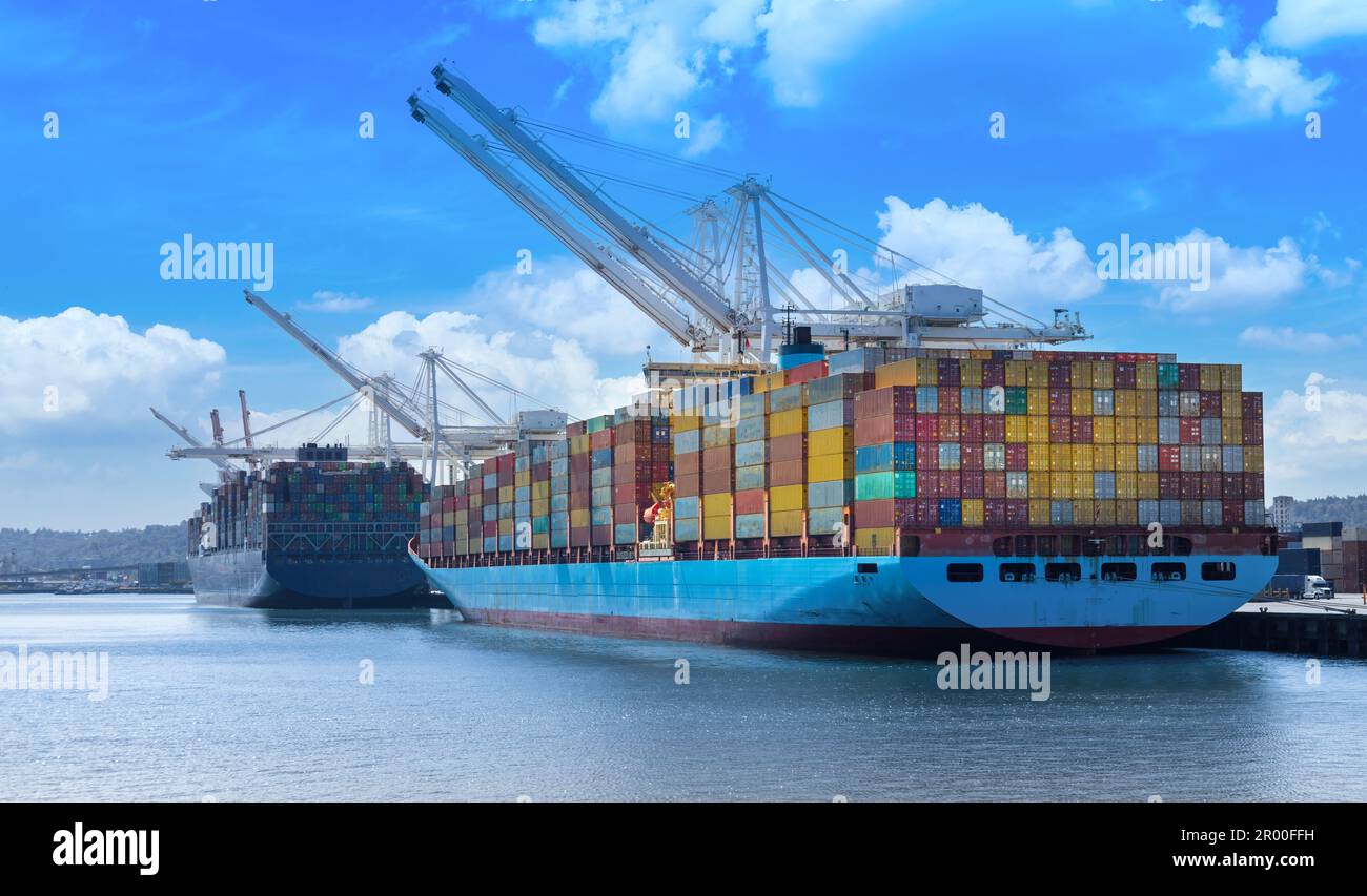 International container cargo and freight ships docked in Seattle port ...