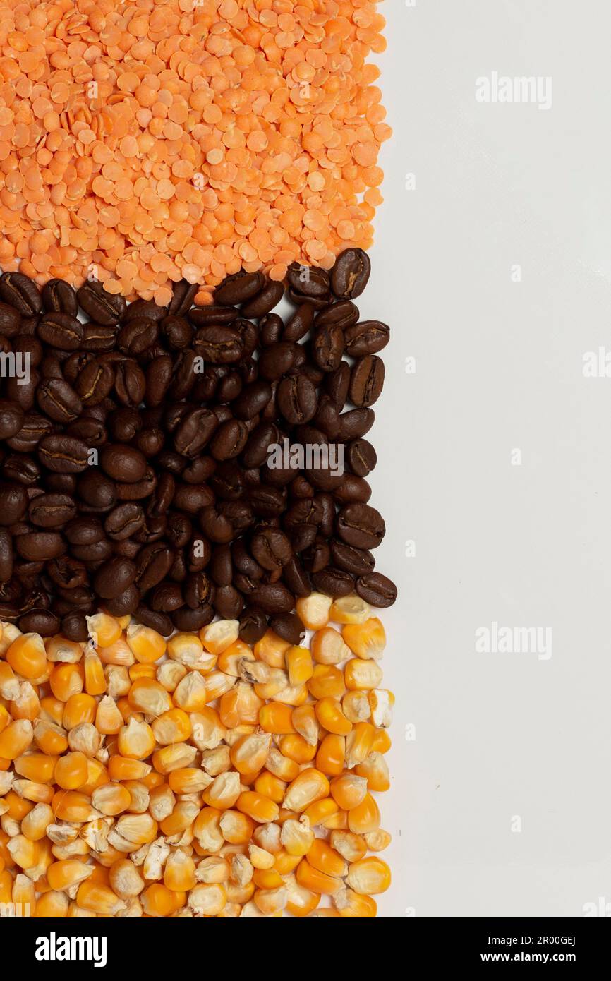white background - coffee and main seeds, pink lentils Stock Photo - Alamy
