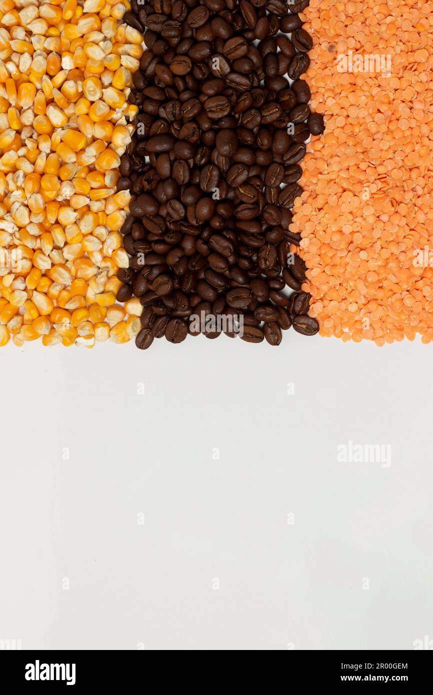 white background - coffee and main seeds, pink lentils Stock Photo - Alamy