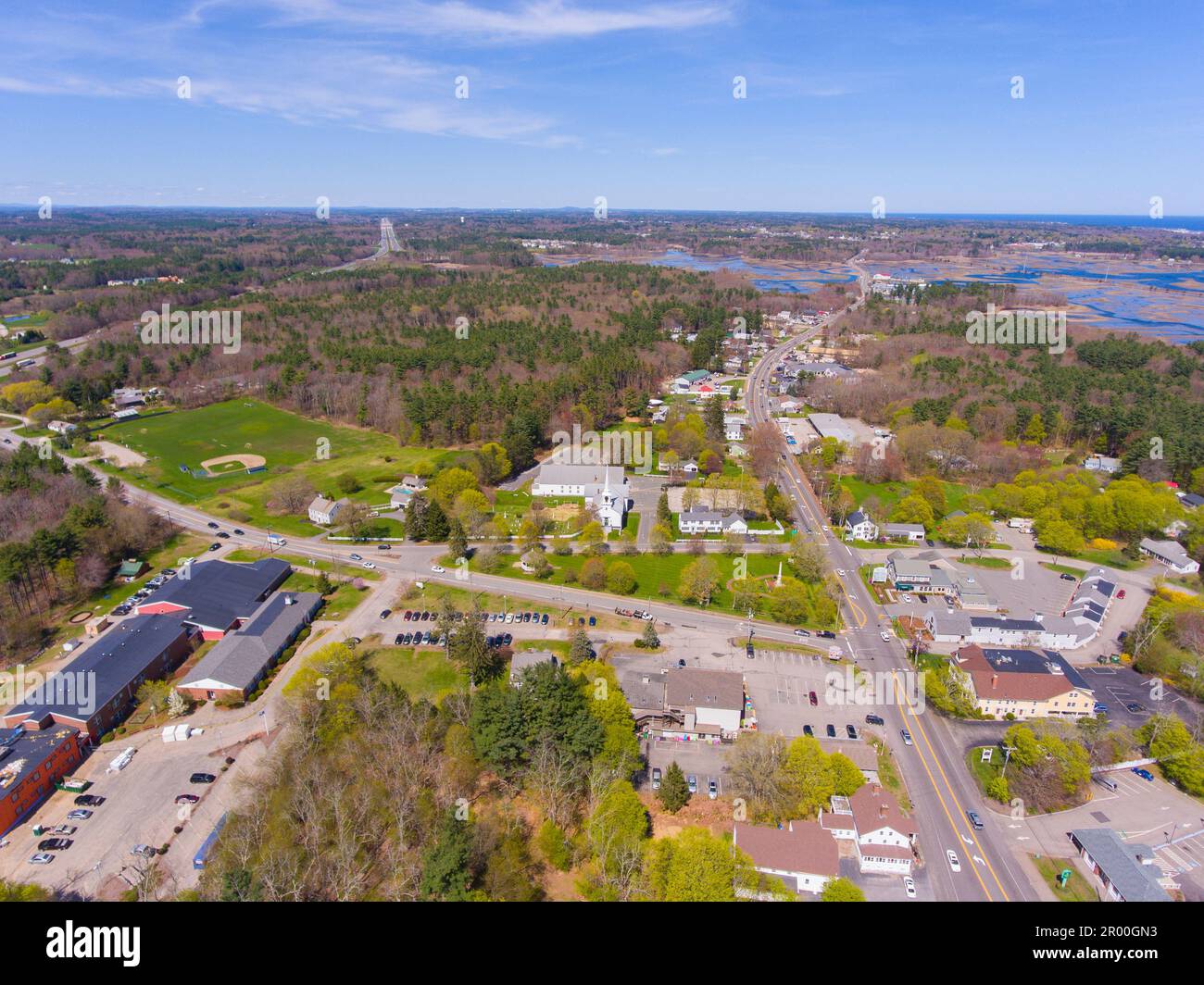 Hampton Falls town center aerial view including First Baptist Church at ...