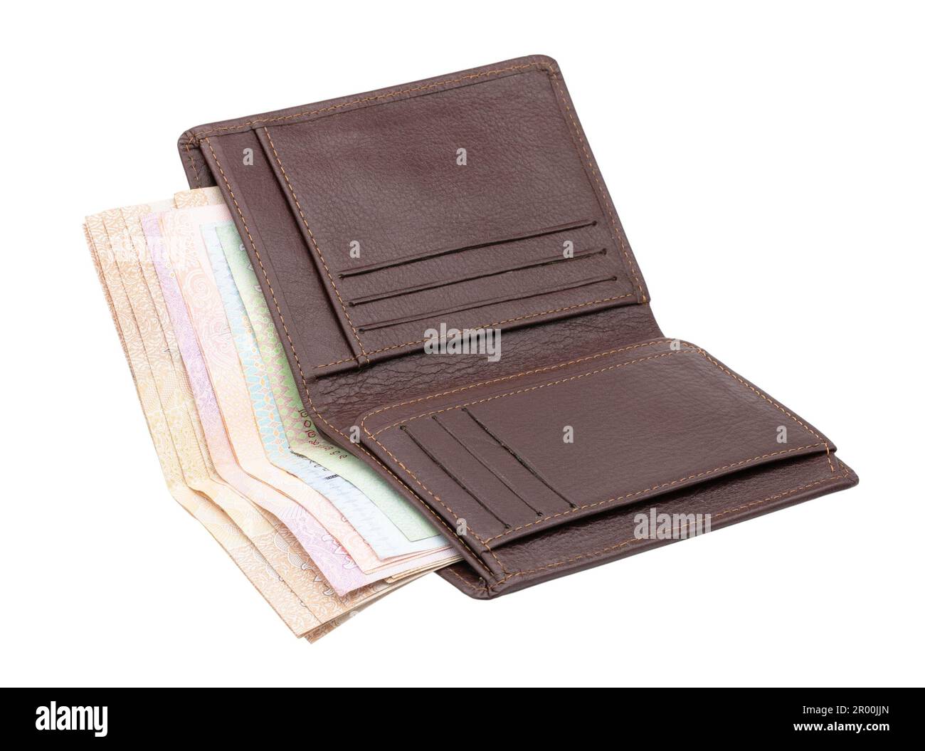 Brown genuine leather wallet with banknotes isolated on white ...