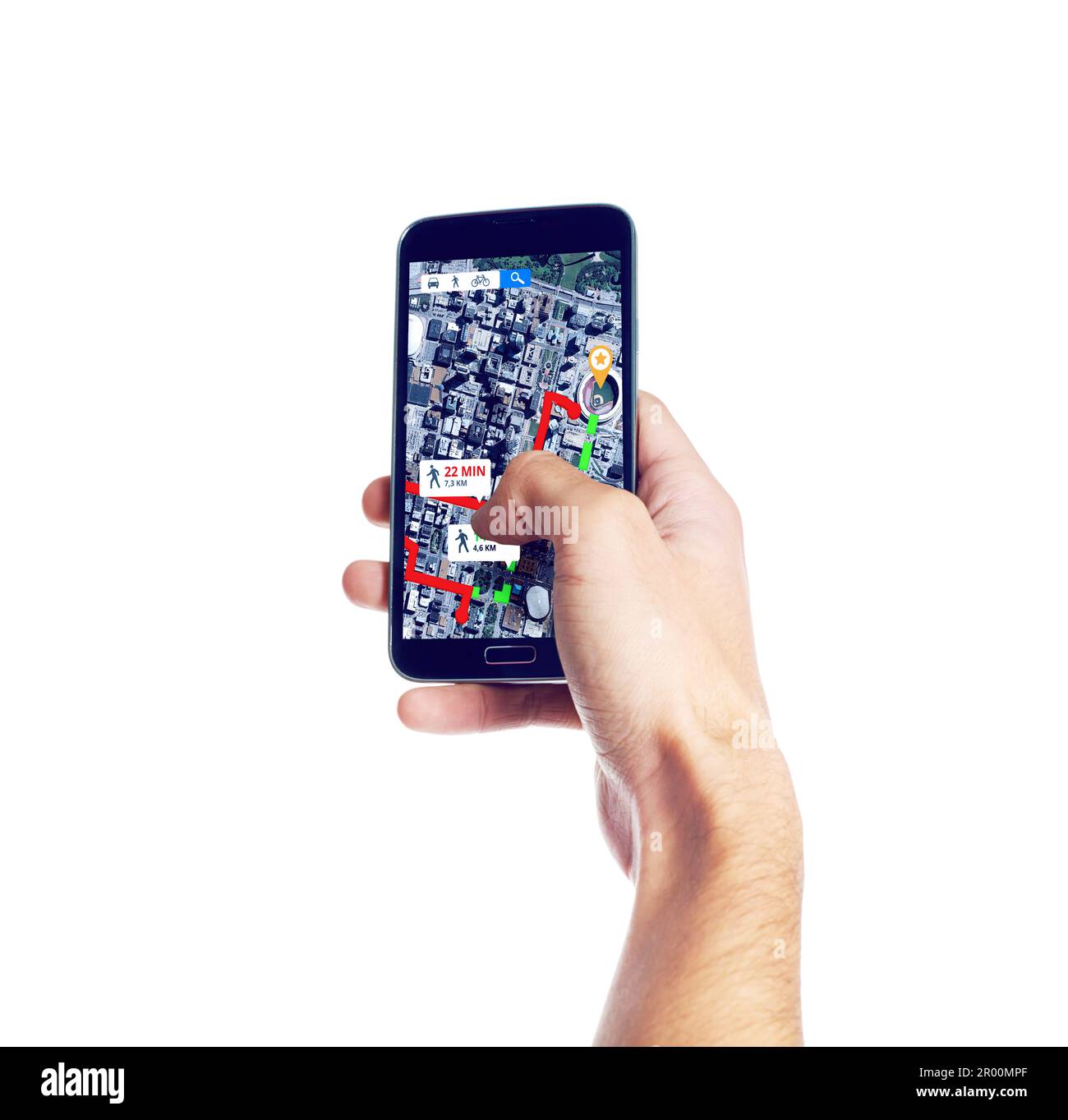 Hands with phone, screen or gps location for city travel on road map or ...