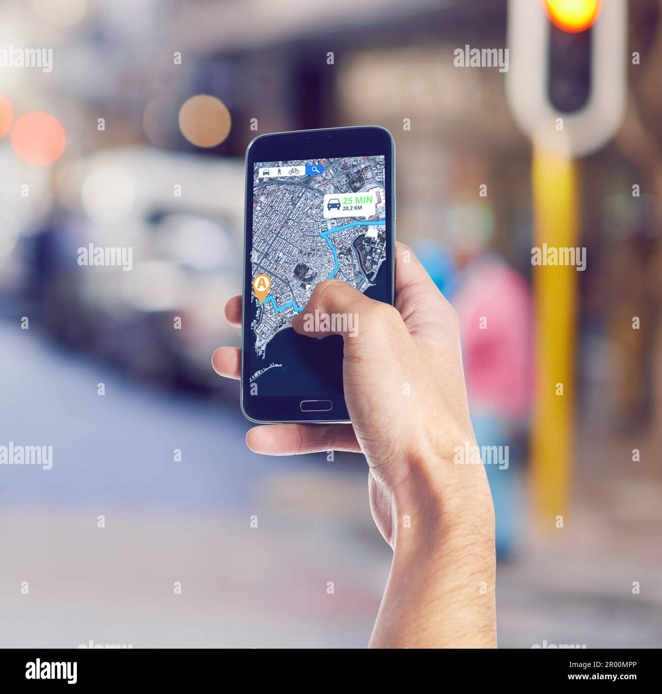 Hand, maps and phone with gps in the city for travel, discovery or ...