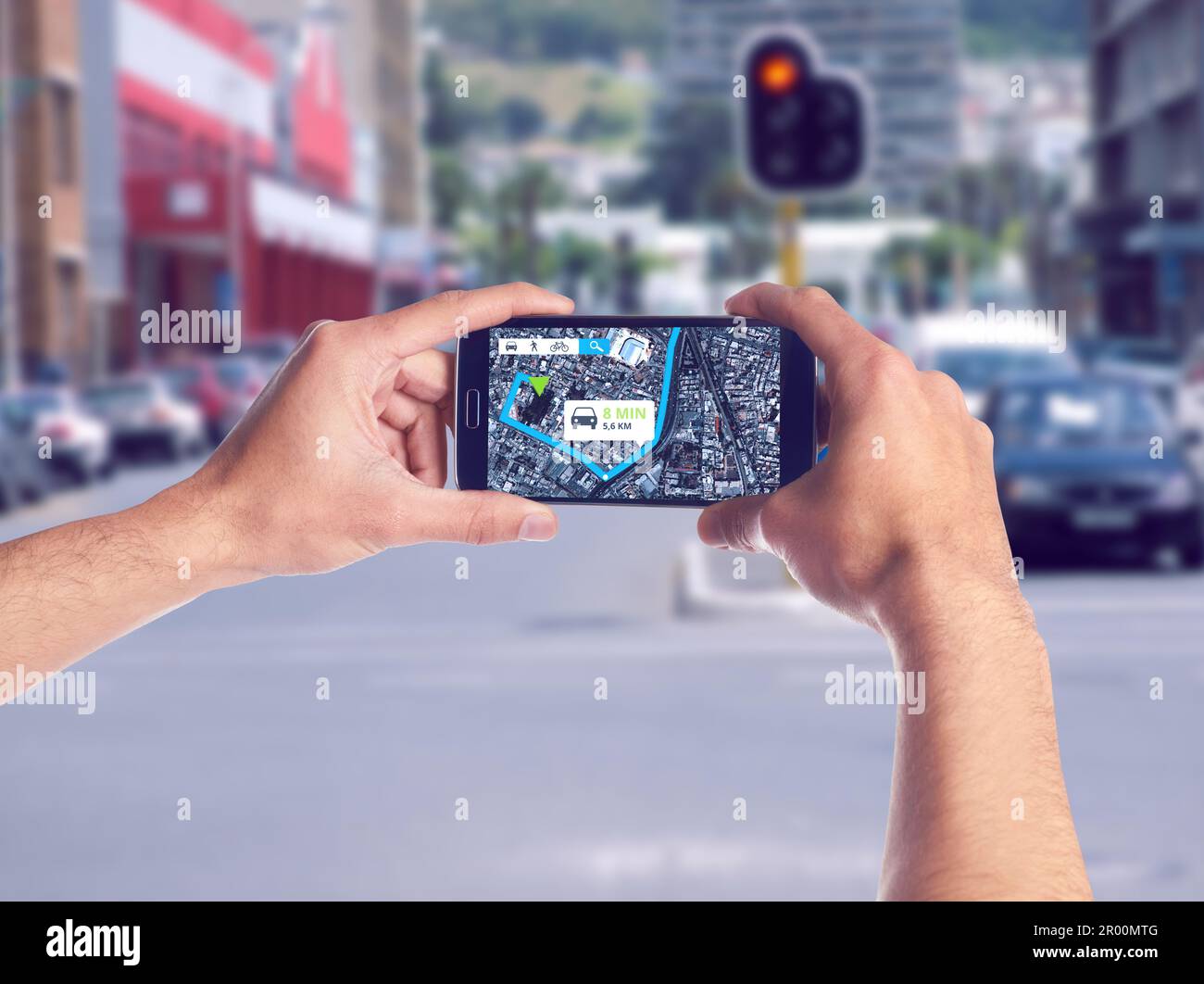 Hands, smartphone screen and map direction data for city, urban or road ...