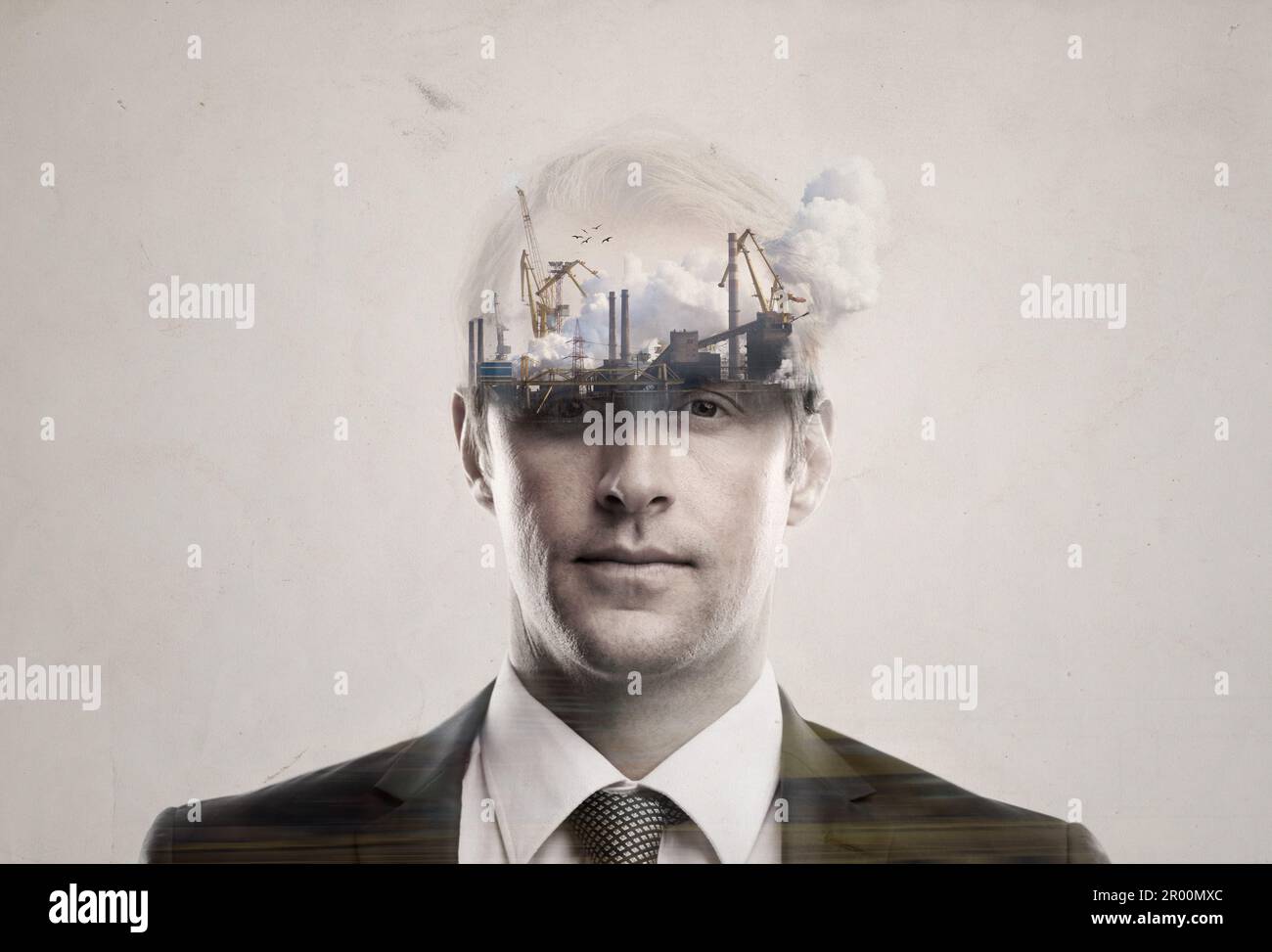 Man, double exposure portrait and construction with city, ideas and ...