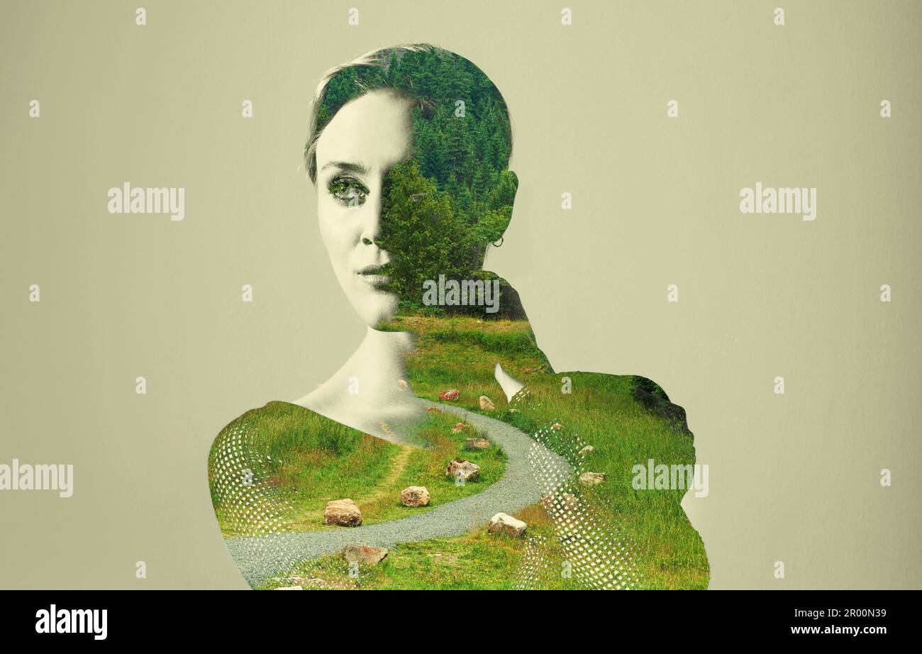 Woman, thinking and double exposure with nature, grass or ideas for ...