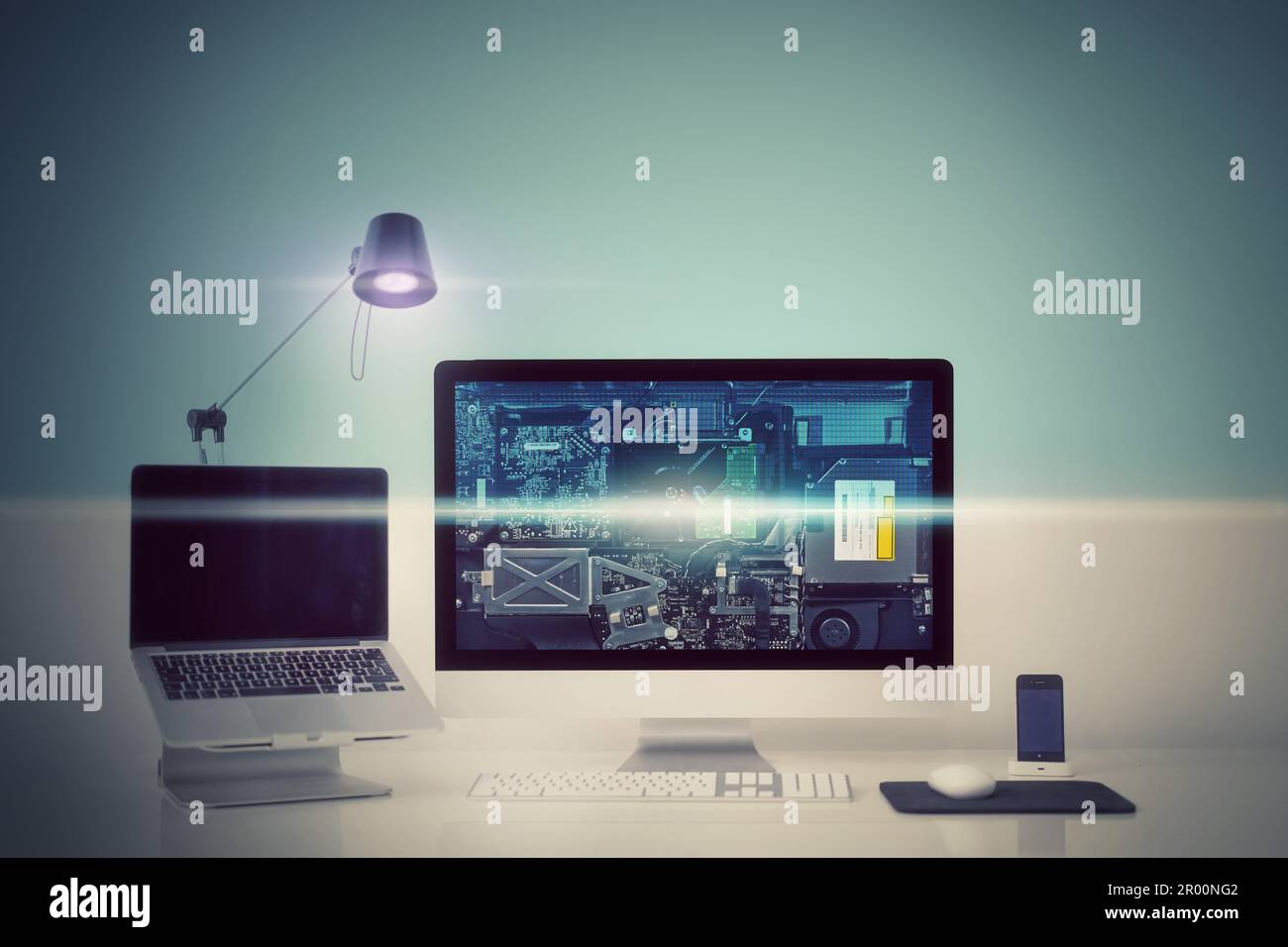 Technology, desk and computer with security, screen and connection for ...