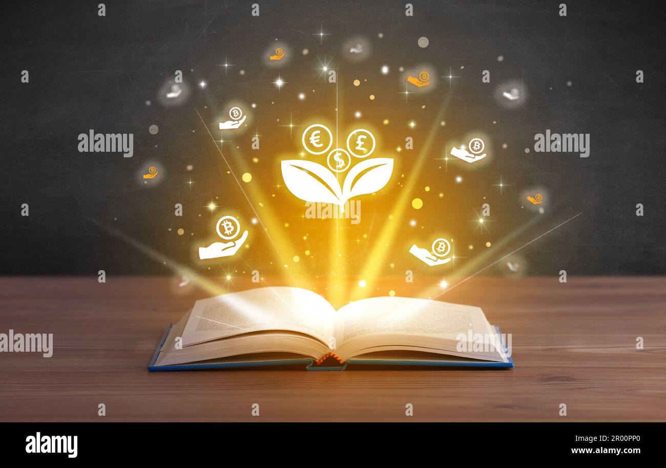 Open book with currency icons above Stock Photo - Alamy