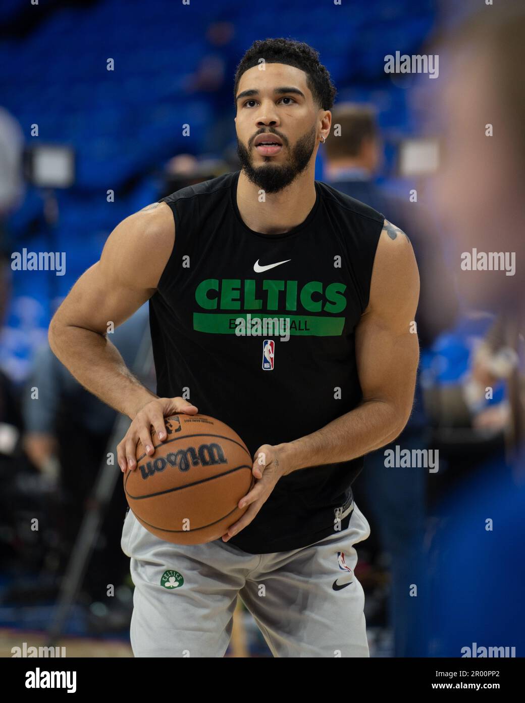 PHILADELPHIA,PA - MAY 5: Jayson Tatum #0 of the Boston Celtics warms up ...