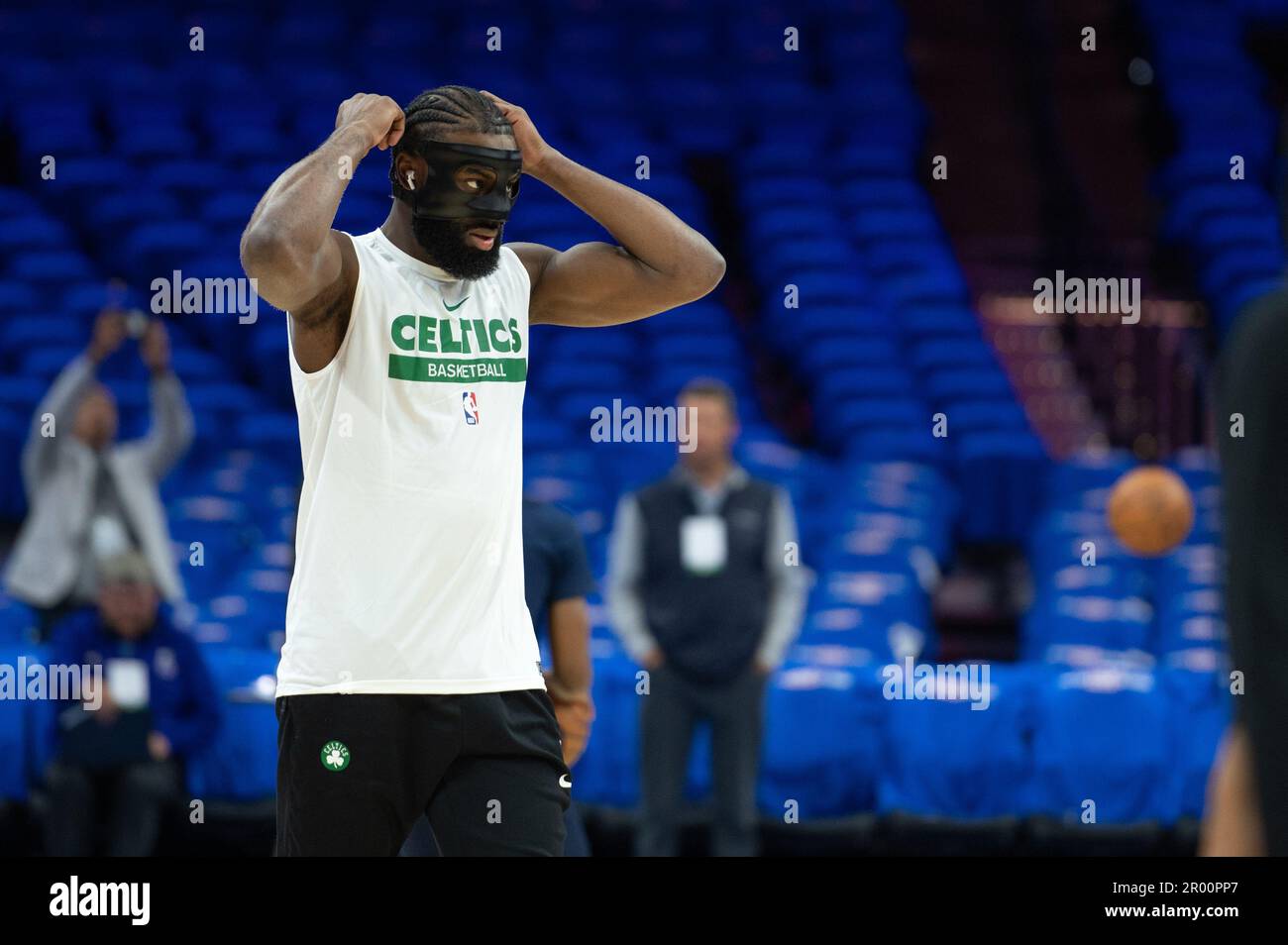 PHILADELPHIA,PA - MAY 5: Jaylen Brown #7 of the Boston Celtics warms up ...