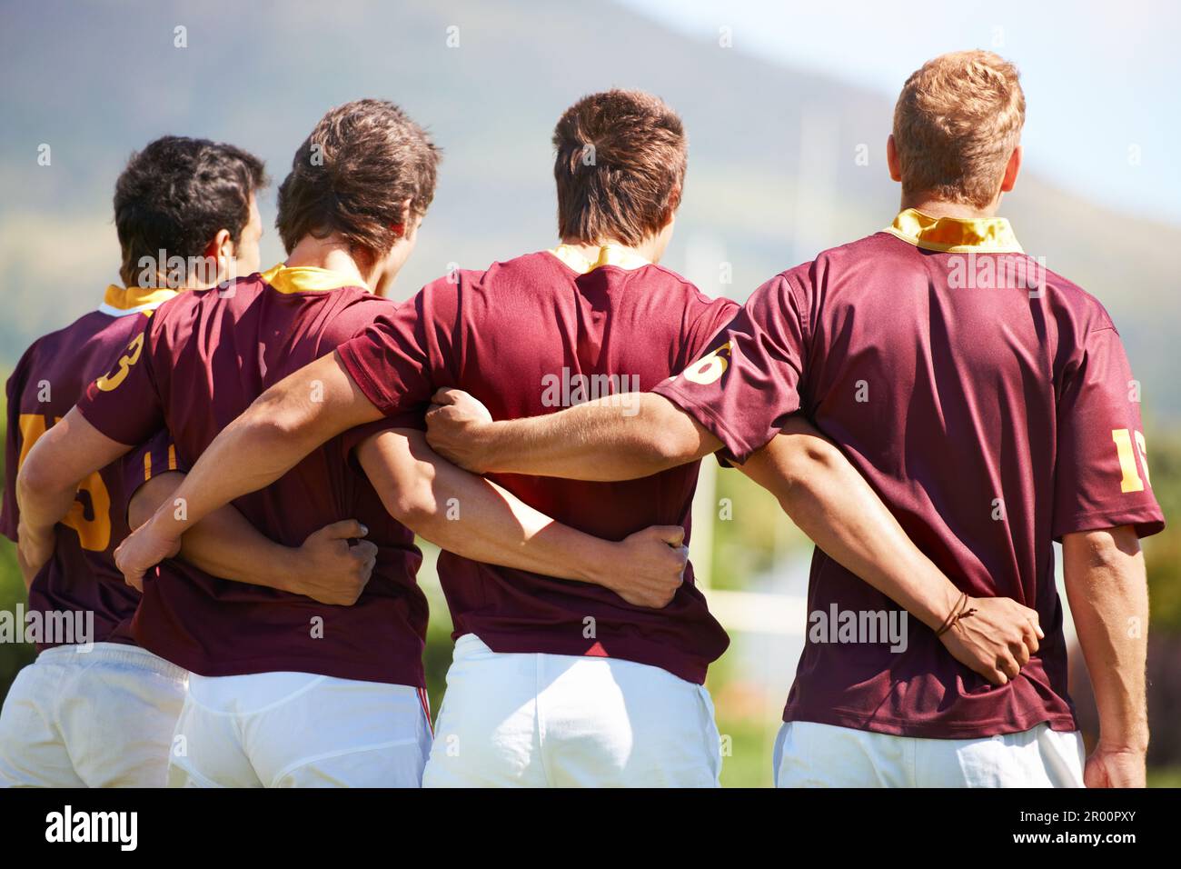 Back, rugby team and sports with men in a line outdoor on a field ...