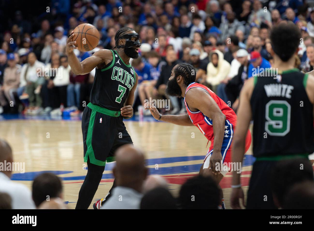 PHILADELPHIA,PA - MAY 5: Jaylen Brown #7 of the Celtics controls the ...