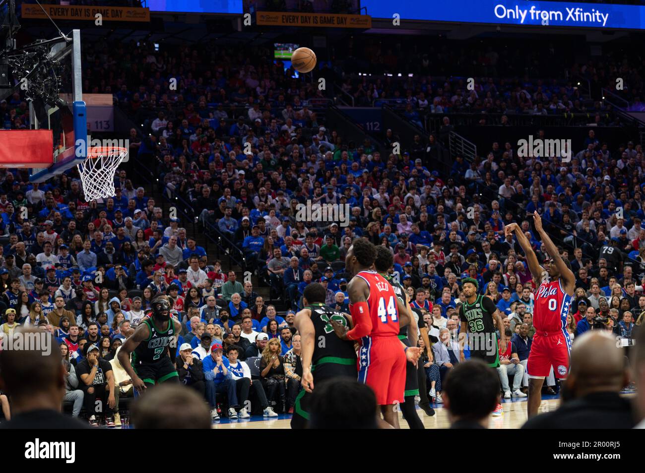 PHILADELPHIA,PA - MAY 5: Tyrese Maxey #0 of the 76ers shoots the ball ...