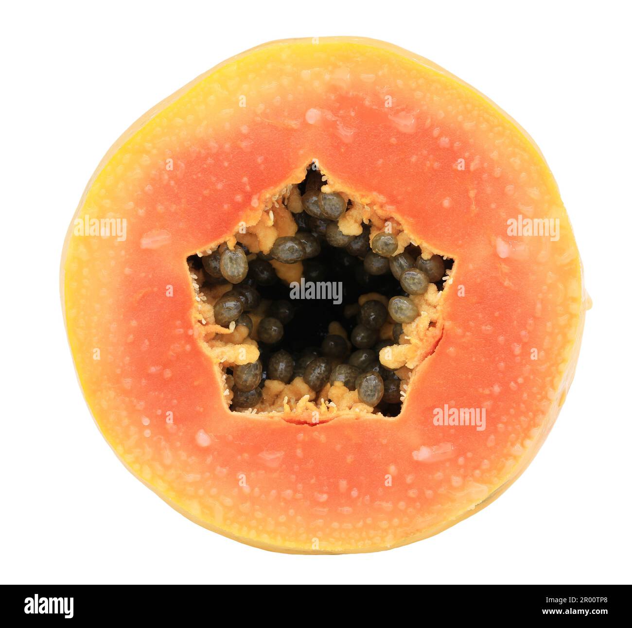 Half of ripe papaya fruit with rubber isolated on white background ...