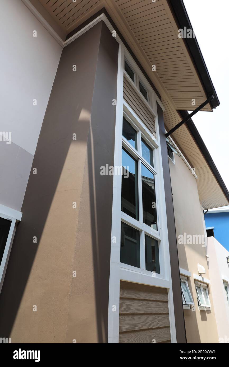 Exterior of modern house with window, roof and ceiling and rain gutter ...