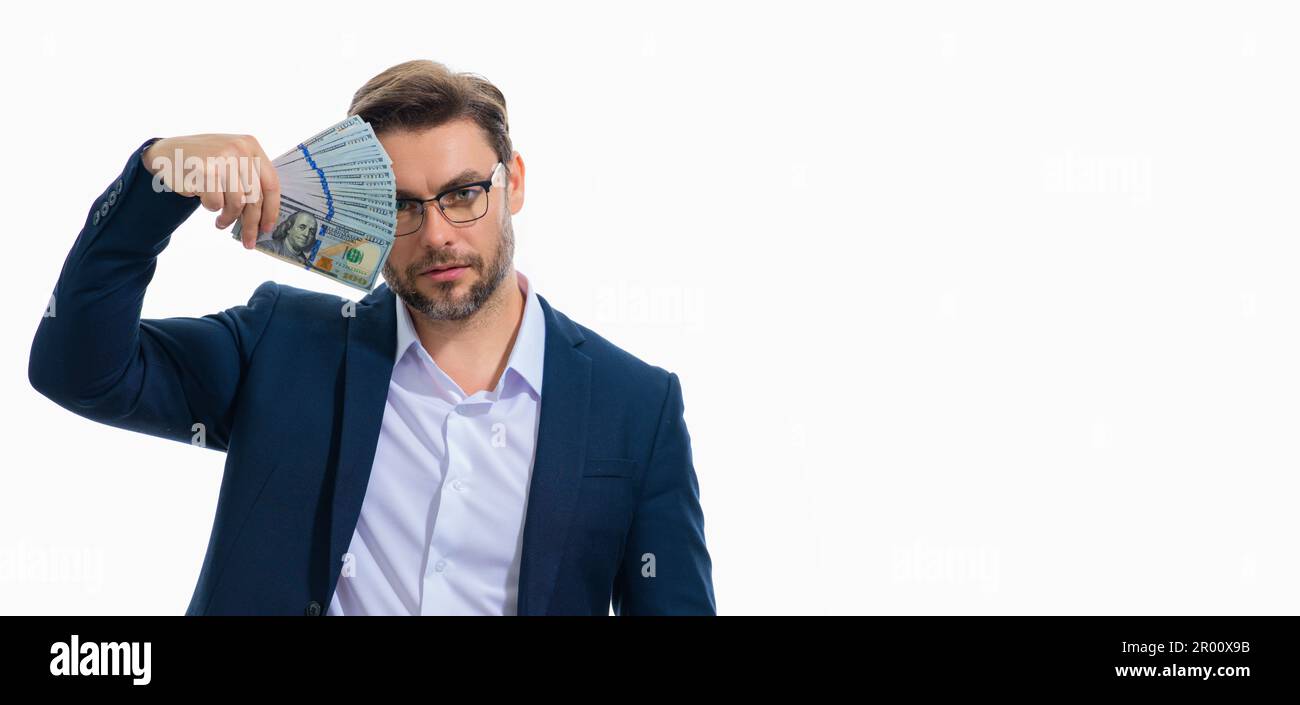 Business man with money banknotes, banner. Male entrepreneur with ...