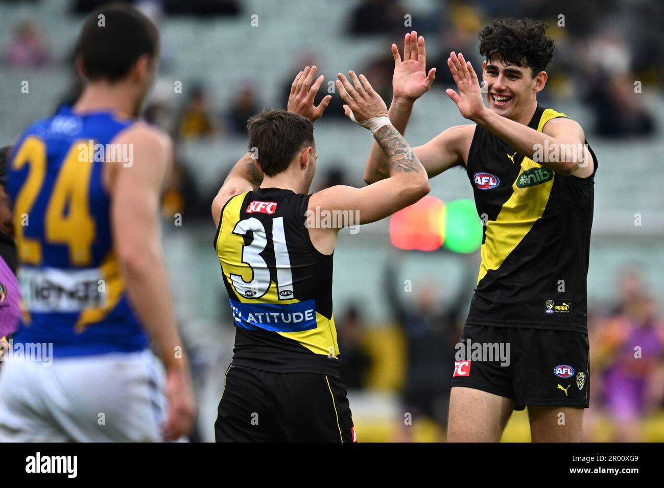 Samson Ryan of Richmond celebrates scoring a goal during the AFL Round ...
