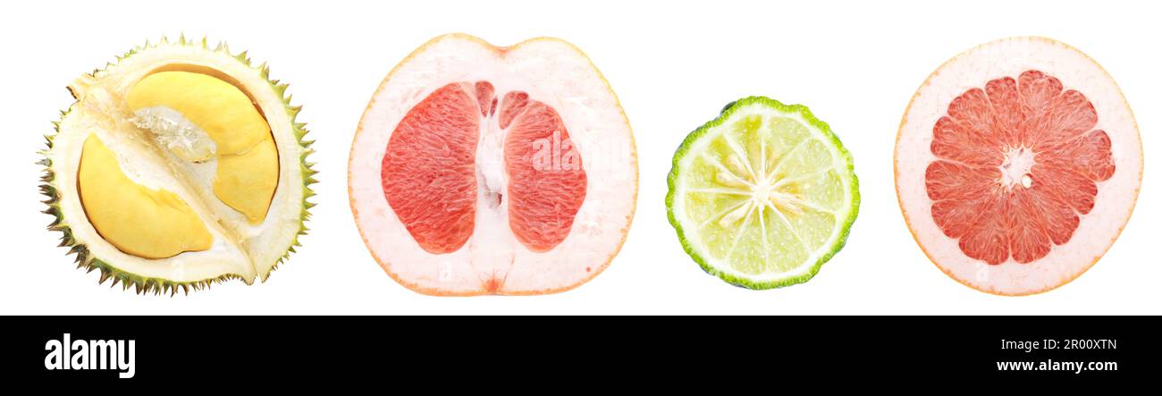 Tropical fruit cut in half isolated on white background Stock Photo - Alamy