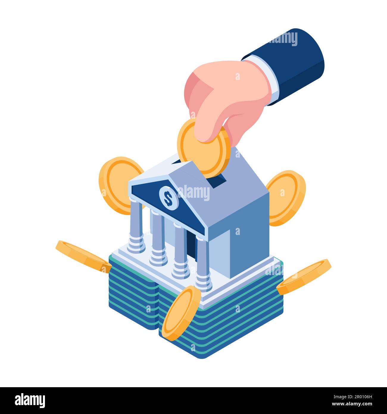 Flat 3d Isometric Hand Saving Coin in Bank Building. Bank Deposit or ...