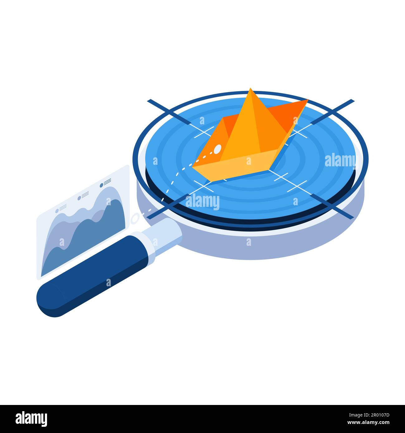 Flat 3d Isometric Magnifying Glass Analyze Yellow Boat in Blue Ocean ...