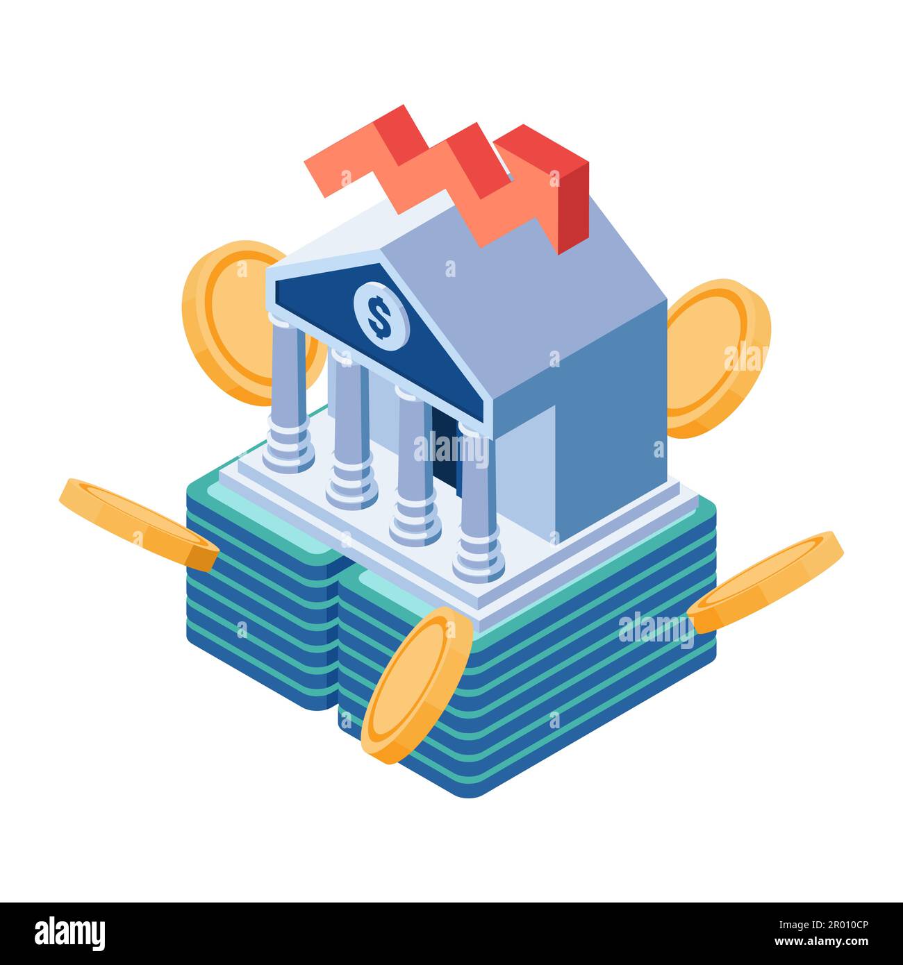 Flat 3d Isometric Bank Building on Pile of Money and Coin. Saving and ...