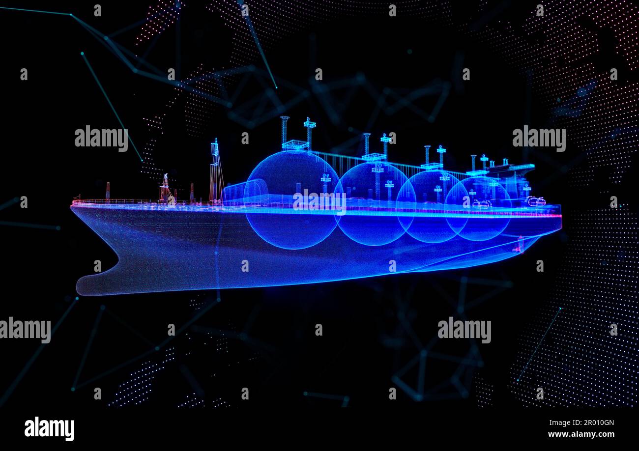 Glowing blue light 3d model Gas carrier LNG with lines, dots and ...