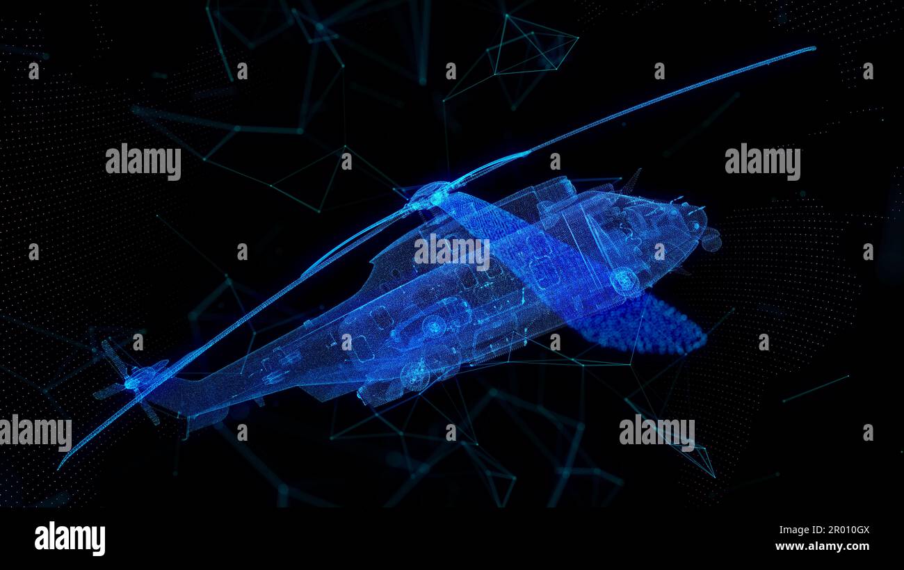 Military helicopter flying with action video camera on dark blue ...