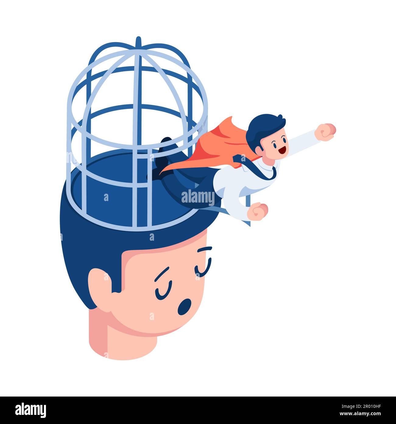 Flat 3d Isometric Businessman Breaking Cage on Head. Self Development ...