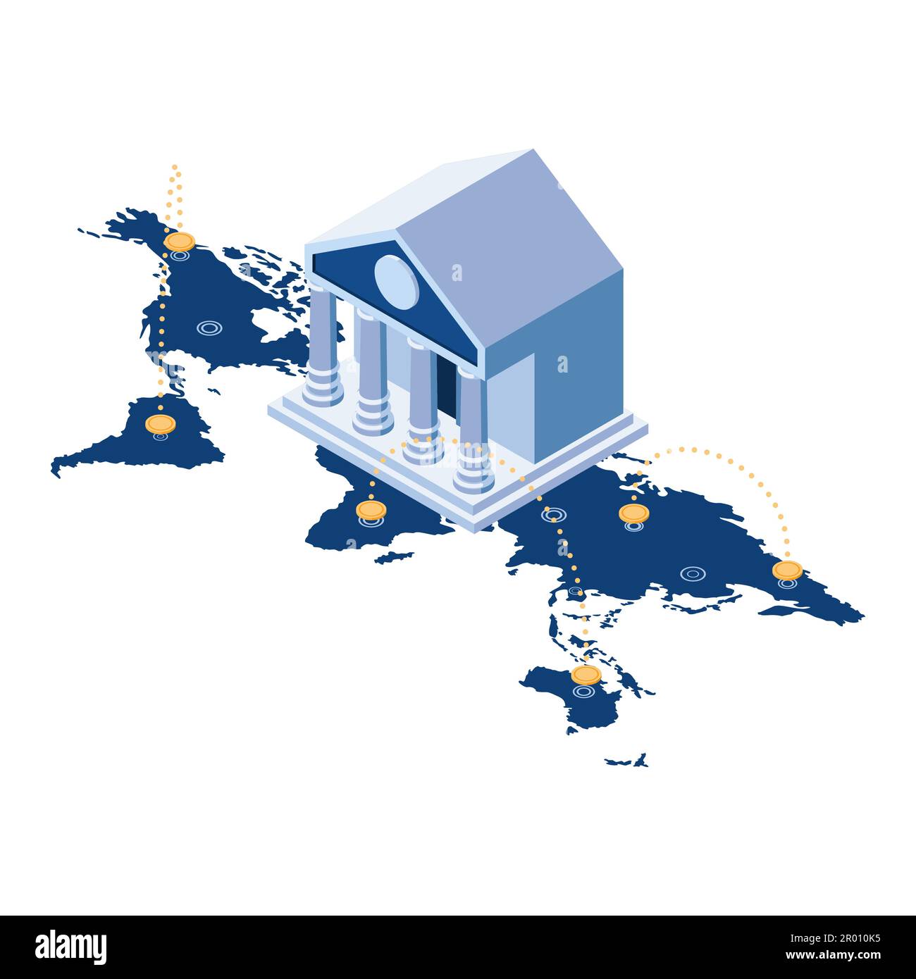 Flat 3d Isometric Bank Building on World Map with Global Money Transfer ...