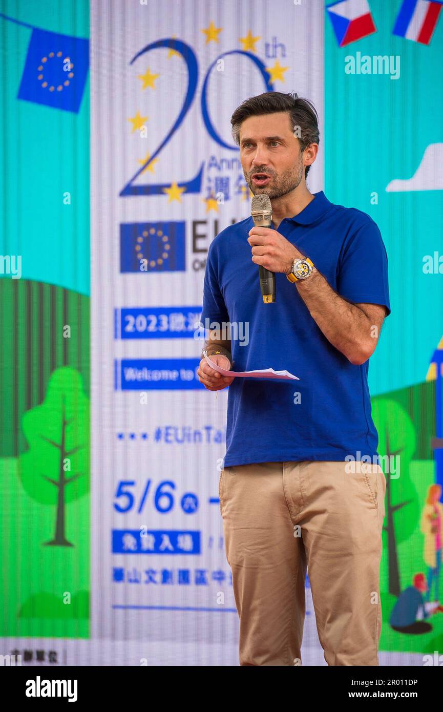 Taipei. 06th May, 2023. Head of EU office Filip Grzegorzewski gives a ...