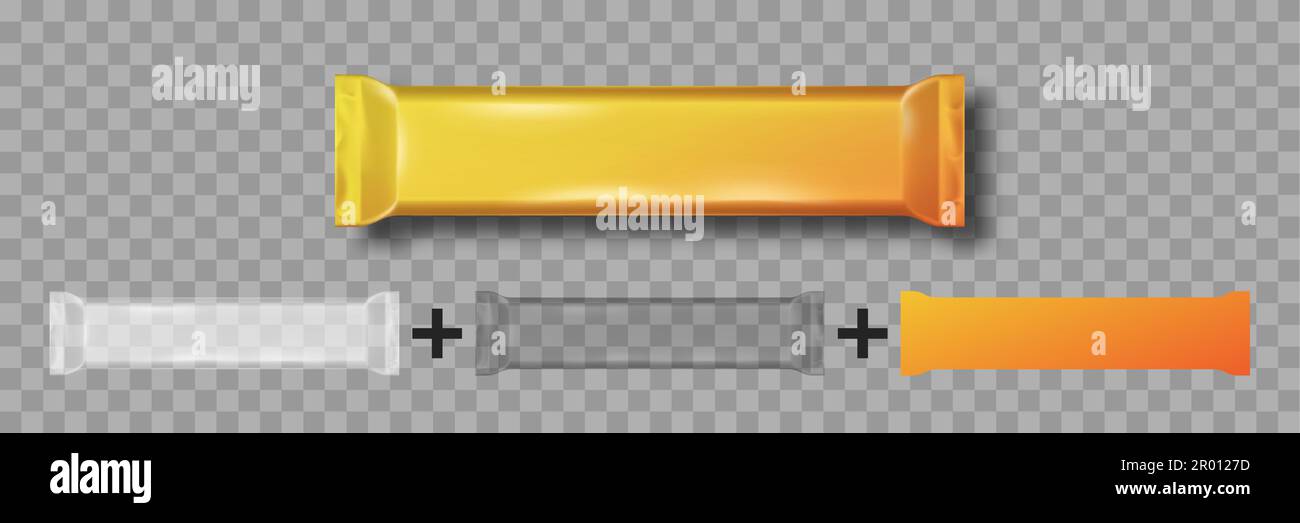 Flow pack mockup. Slim chocolate bar wrap. Orange foil bag. Sugar stick ...